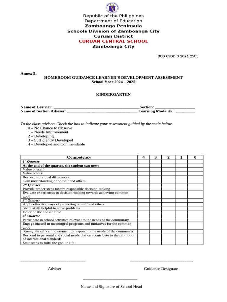 Learners Assessment Form Homeroom Guidance | PDF | Learning ...