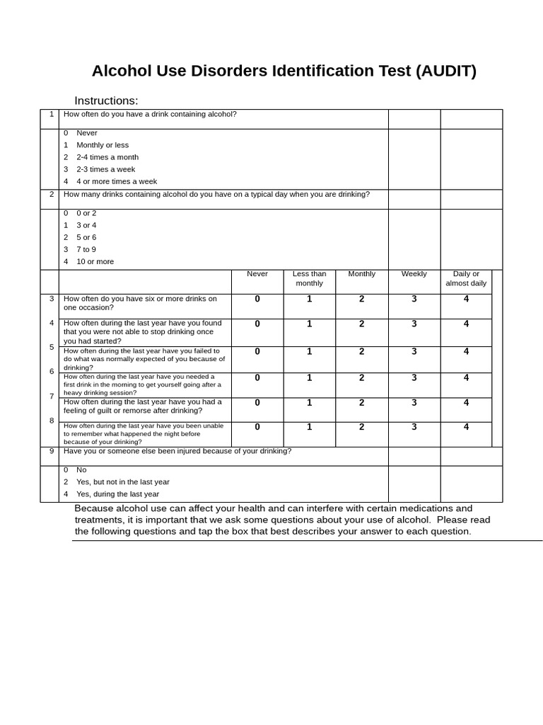 Alcohol Use Disorders Identification Test (AUDIT) | PDF | Alcoholism | Risk