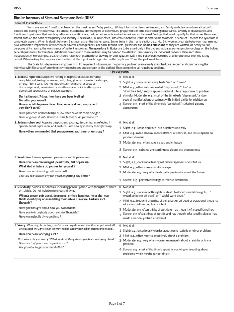 Bipolar Inventory of Signs and Symptoms Scale (BISS) | PDF | Sleep ...