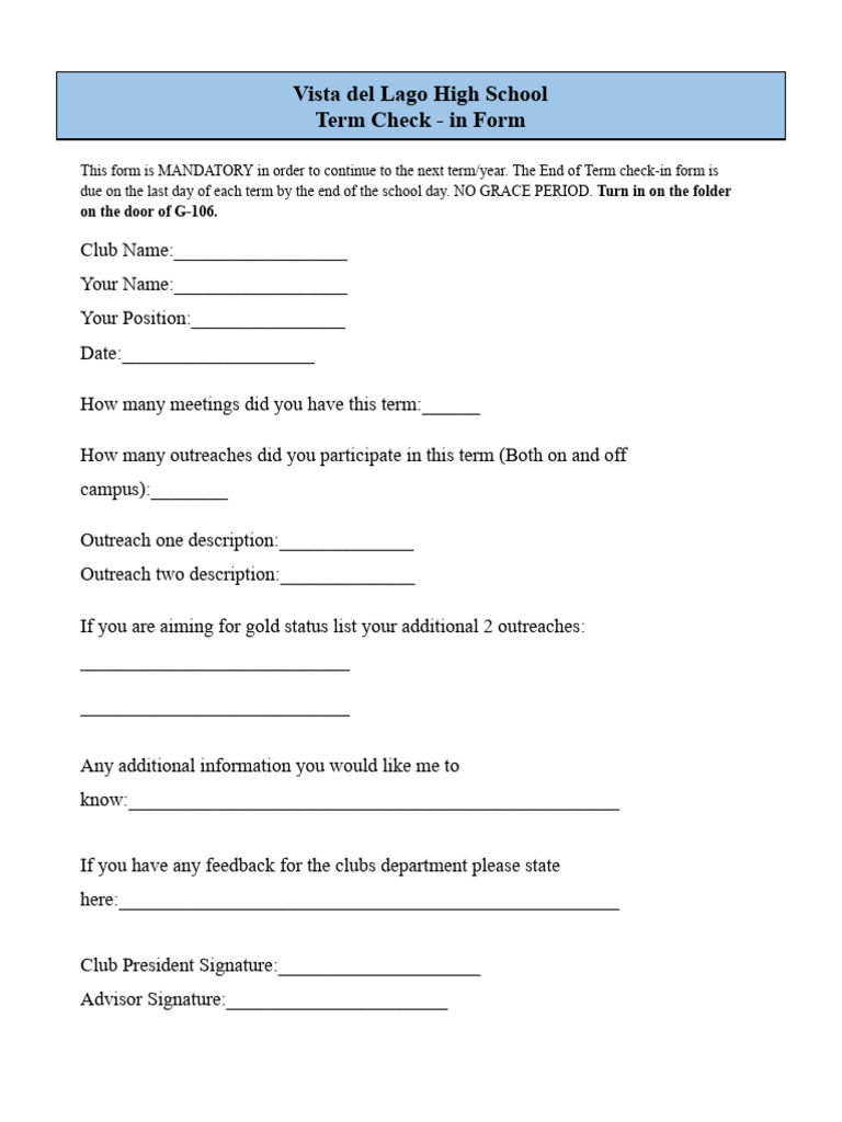 End of Term Check in Form | PDF