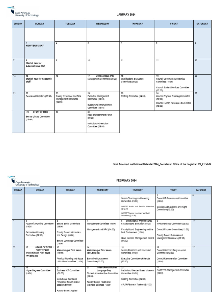 2024 Institutional Calendar Overview | PDF | Academic Term | Business