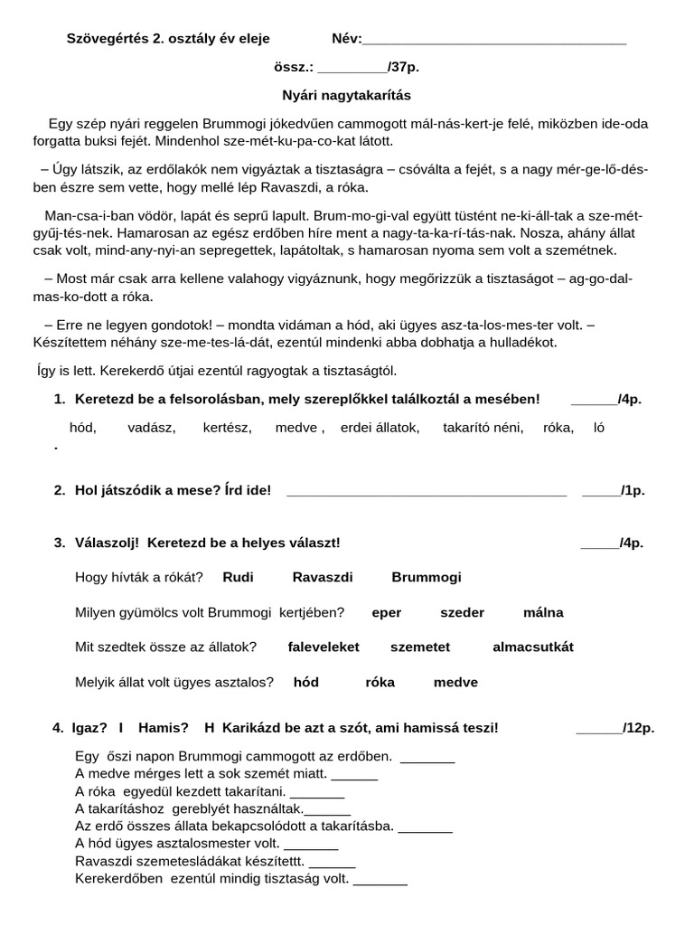 Szövegértés 2. Osztály Év Eleje | PDF