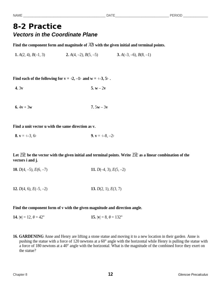 Vectors Practice for Precalculus | PDF