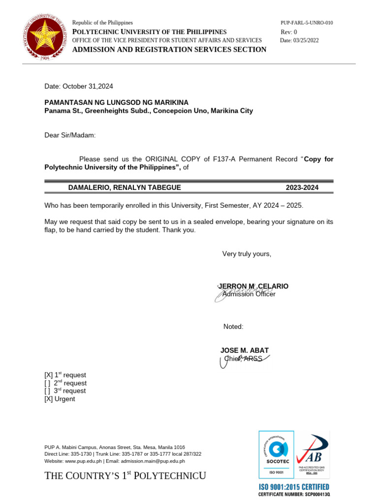 PUP Request Letter For FORM 137-A | PDF