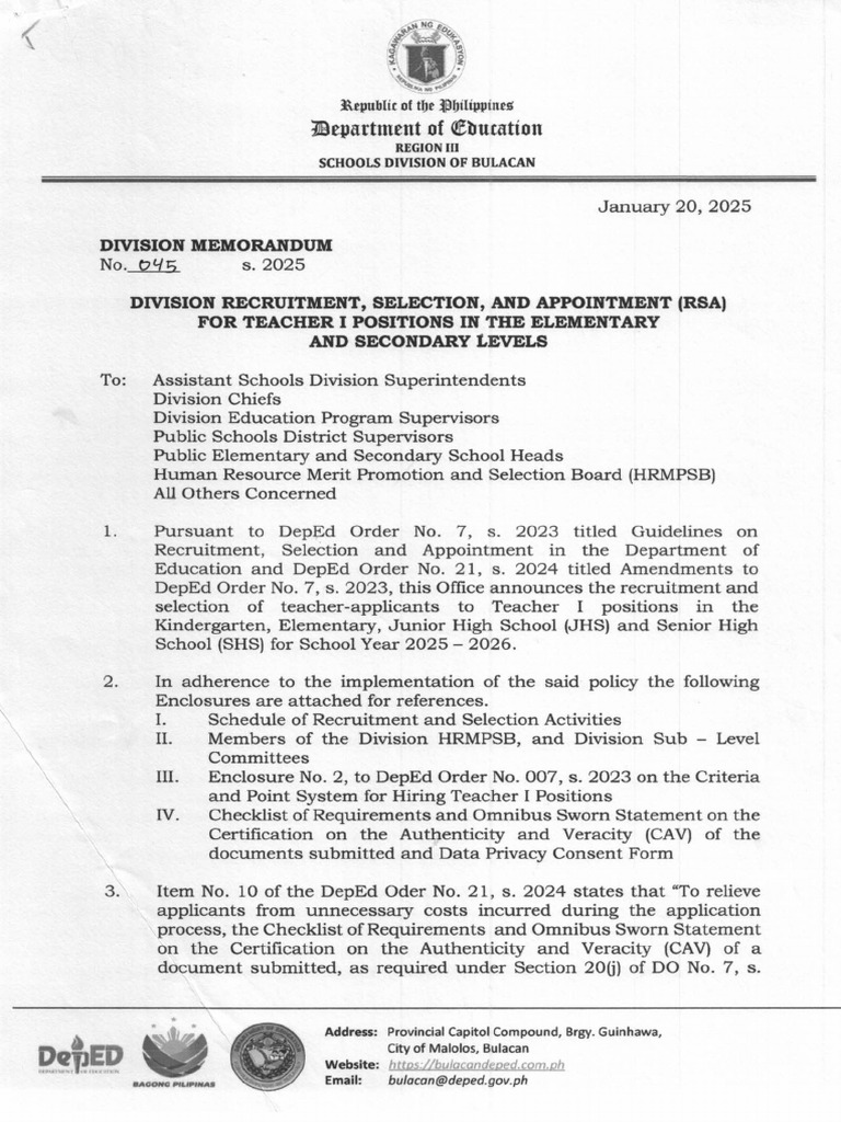Division Memorandum No 045 S 2025 | PDF