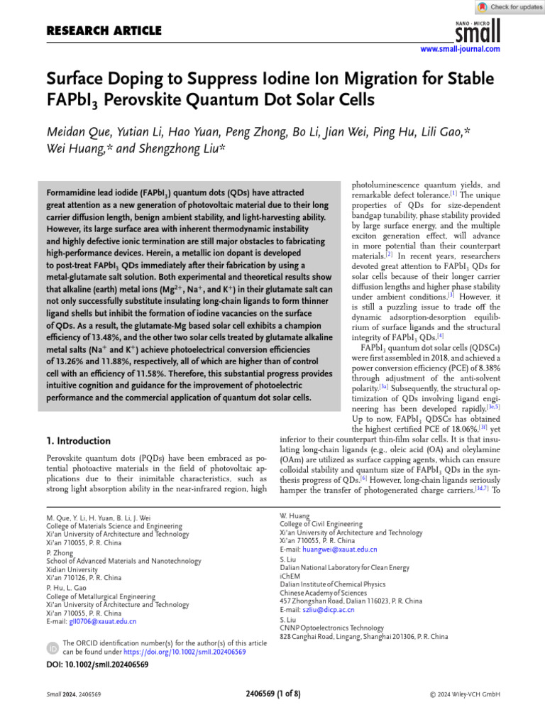 FAPbI3 QD Solar Cell | PDF | Solar Cell | X Ray Photoelectron Spectroscopy