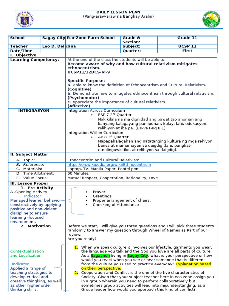 DAILY LESSON PLAN UCSP Cultural Relativism and Ethnocentrism | PDF | Relativism | Thought