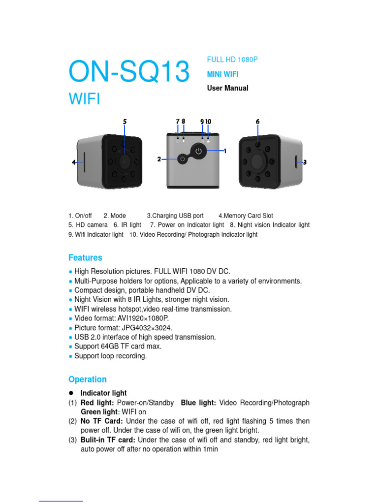 ON-SQ13 Mini WiFi HD Camera Manual | PDF | Usb | Wi Fi