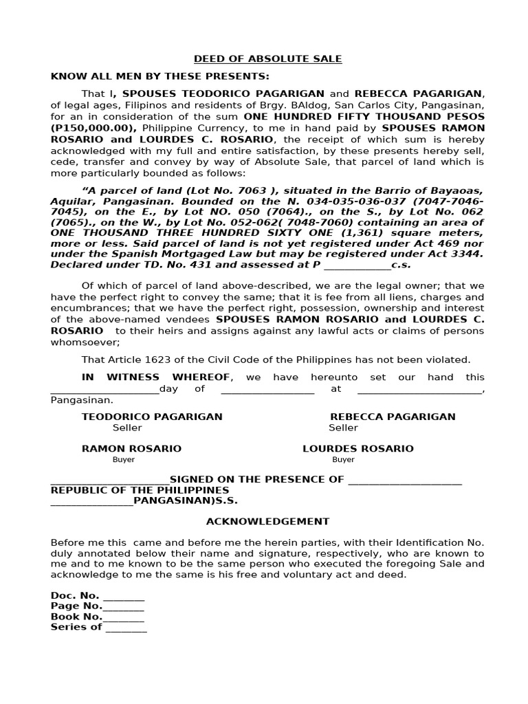 Deed of Absolute Sale- Teodorico Pagarigan | PDF | Environmental Law | Civil Law (Common Law)