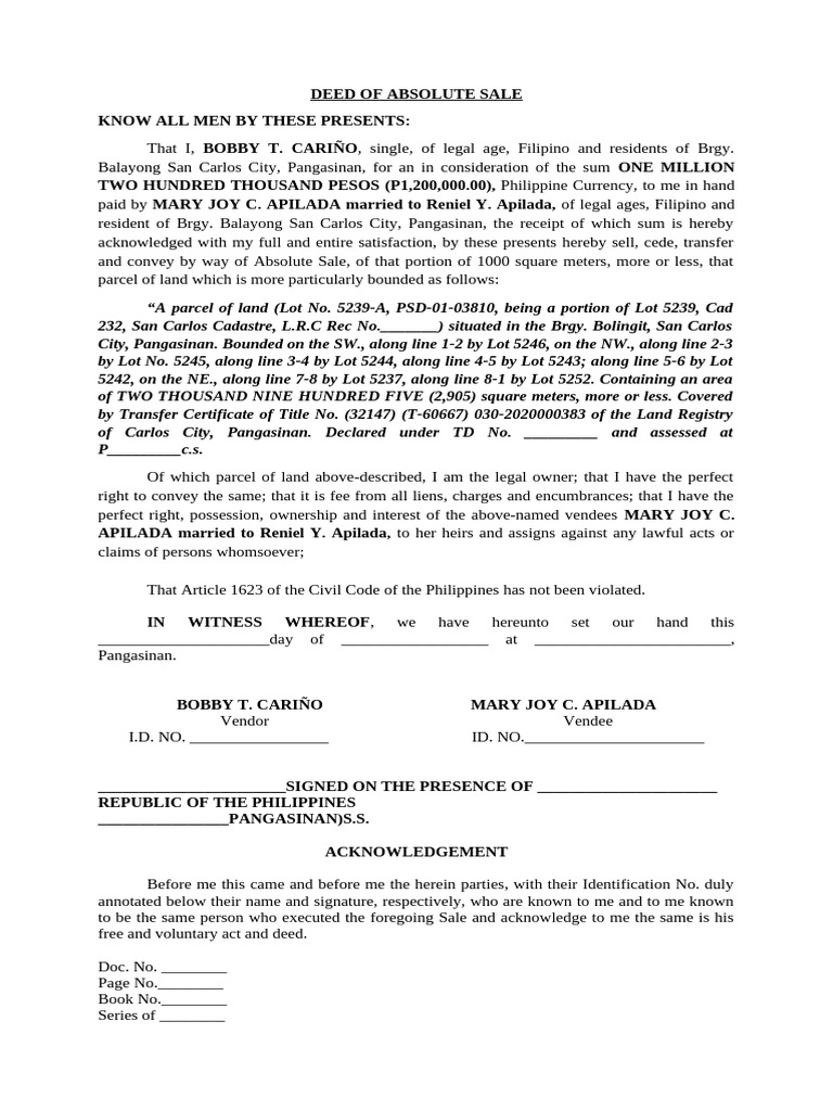 Deed of Absolute Sale- Joy Apilado | PDF | Land Law | Real Property Law