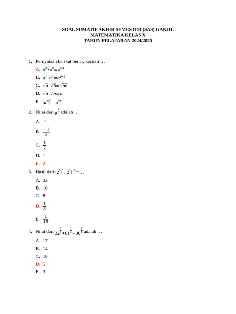 Soal Sas Ganjil Matematika Kelas X 2024 | PDF