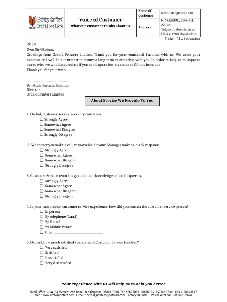 Nestlé Bangladesh Customer Feedback Survey | PDF