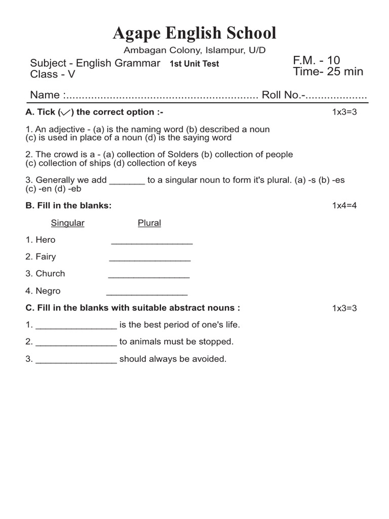 Class V English Grammar Test | PDF