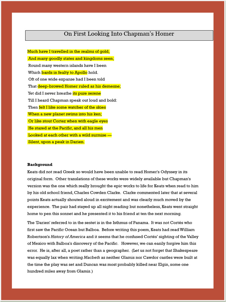 On First Looking Into Chapman's Homer (John Keats) | PDF | Poetry