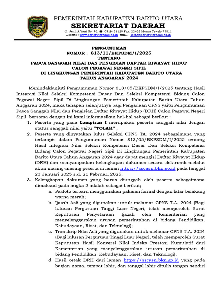 Pengumuman Pasca Sanggah Dan Pengisian DRH CPNS 2024 Barut | PDF