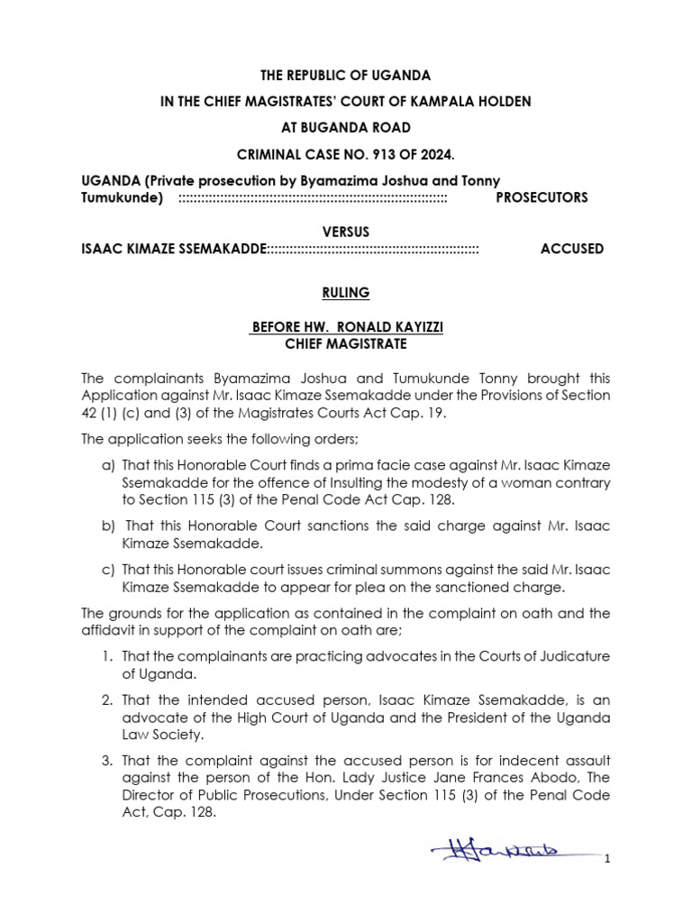 Ruling in Criminal Case No. 913 of 2024 Uganda Private Prosecutors Vs ...