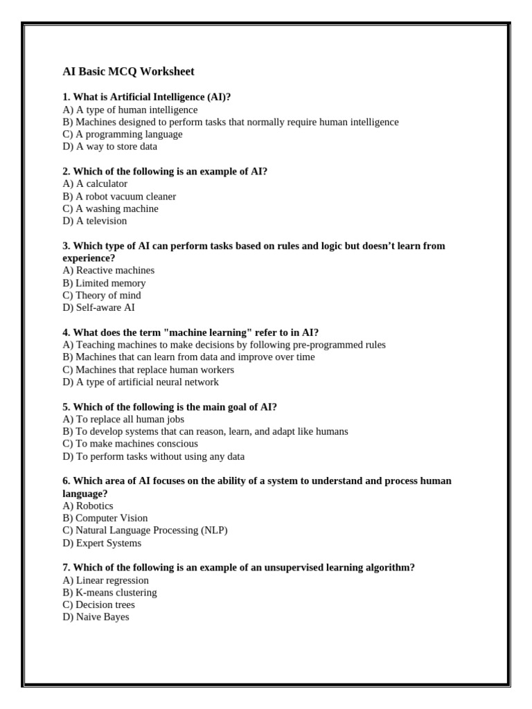 AI Basic MCQ Worksheet | PDF | Artificial Intelligence | Intelligence (AI) & Semantics
