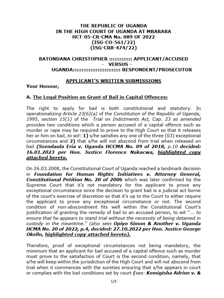 Bwengye Submissions On Bail in HC | PDF | Bail | Public Law