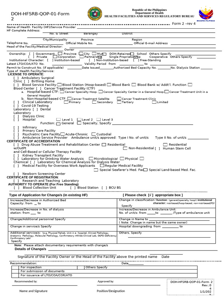 DOH-HFSRB-QOP01Form2 Rev4 Jan12025 | PDF | Pathology | Clinic