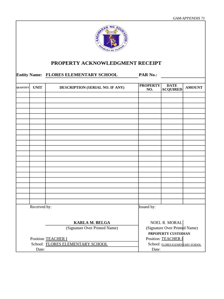 PROPERTY ACKNOWLEDGEMENT RECEIPT (ARE Before) | PDF