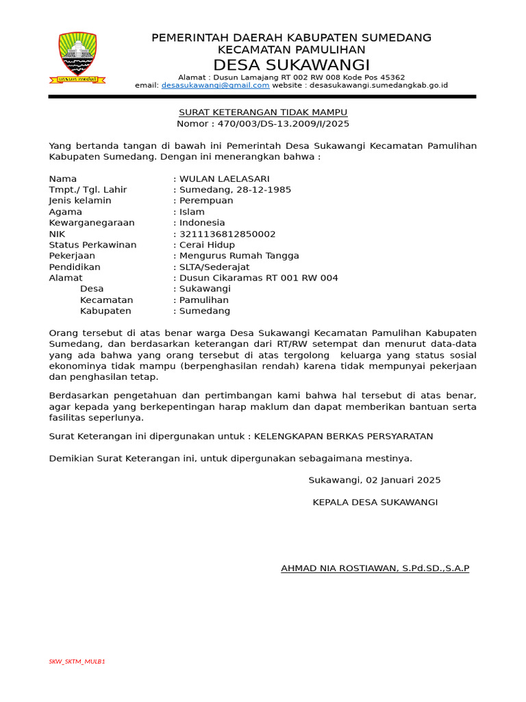 SKTM Mengetahui Desa 3211136812850002 02-01-2025 MULB1 | PDF