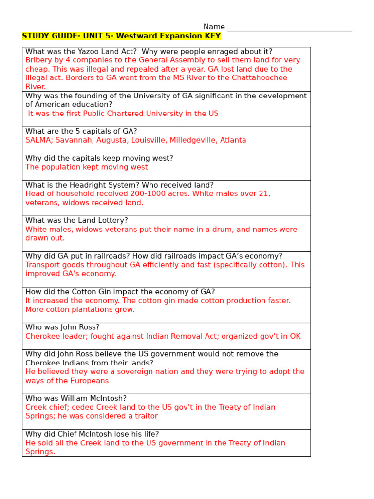 Unit 5 STUDY GUIDE KEY | PDF | Trail Of Tears | Cherokee