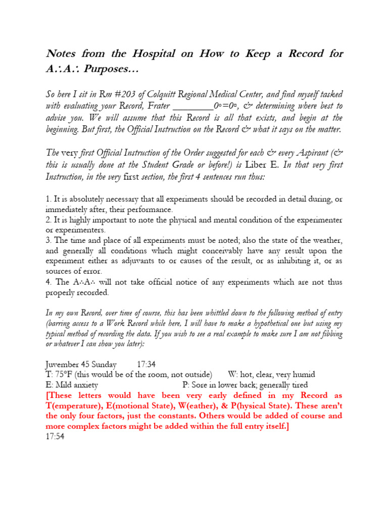 Hospital Notes on Record Keeping for A∴A∴ | PDF