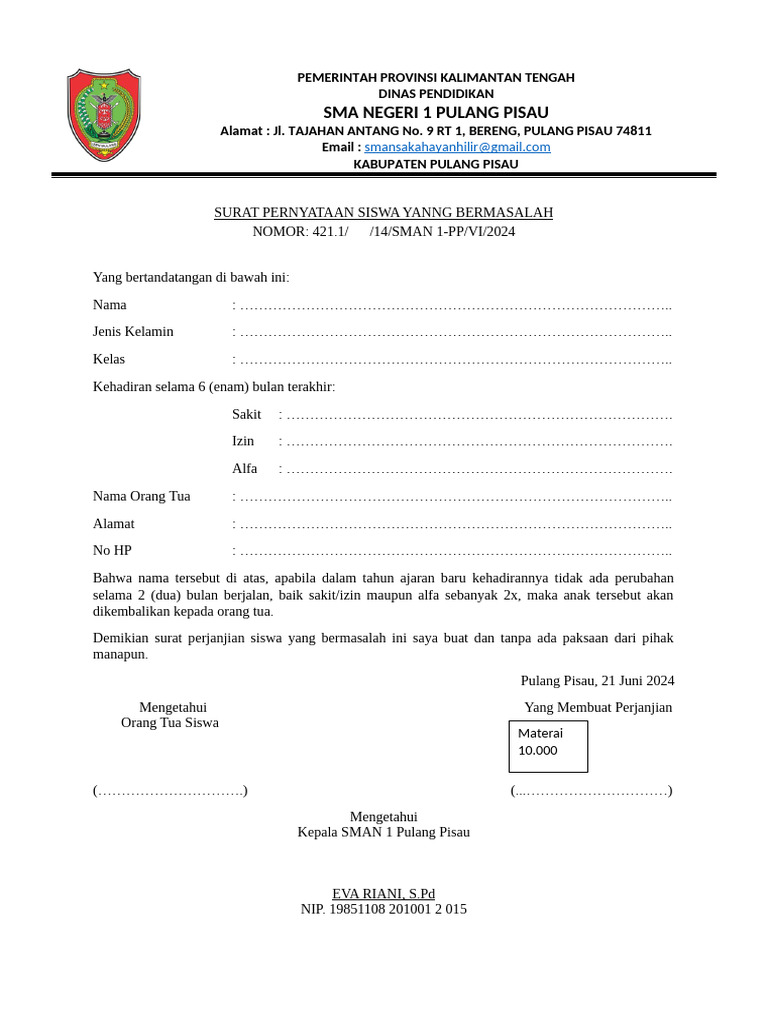 Surat pernyataan siswa yang bermasalah | PDF