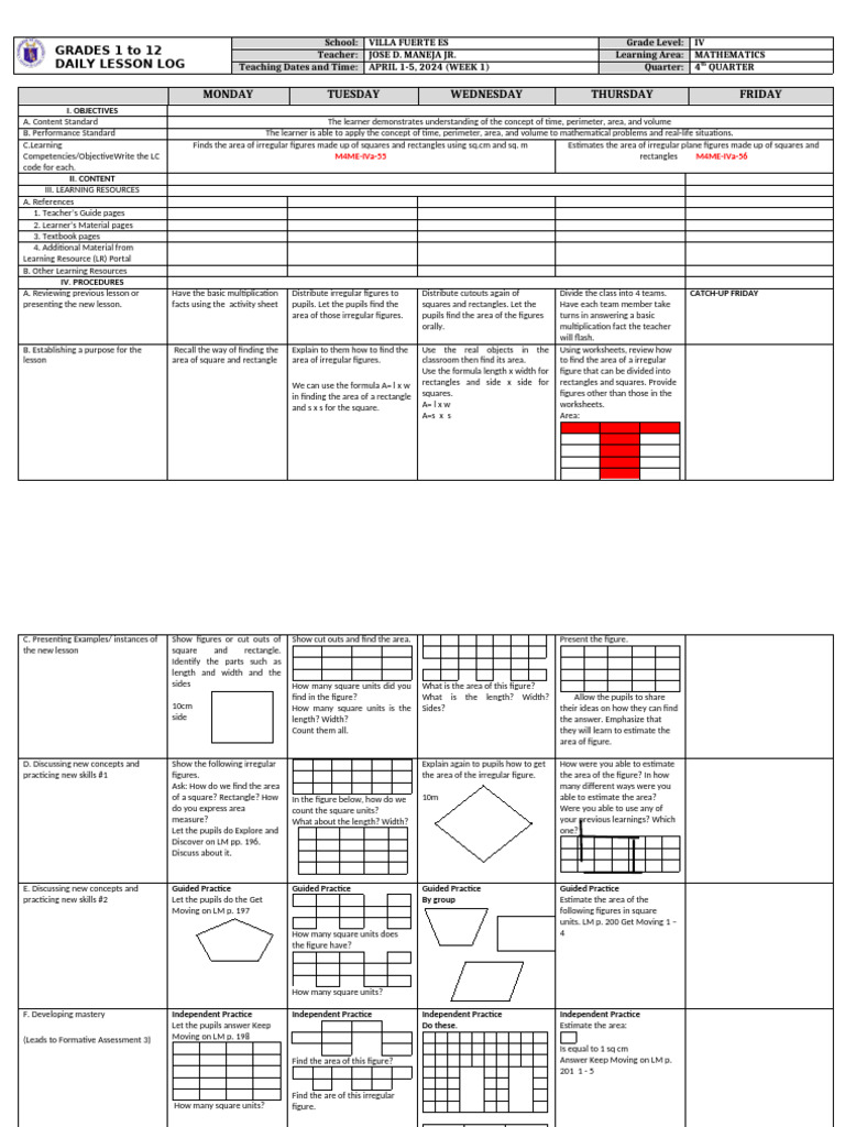 DLL_MATHEMATICS 4_Q4_W1 | PDF | Area | Learning