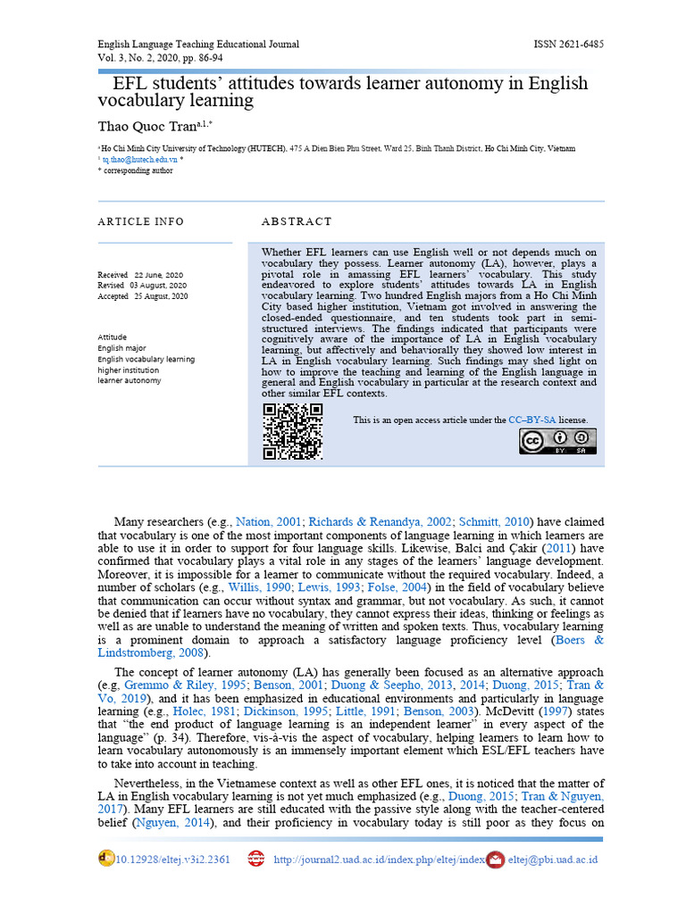 EFL Attitudes Towards Learner Autonomy in English Vocabulary Learning | PDF | Attitude ...