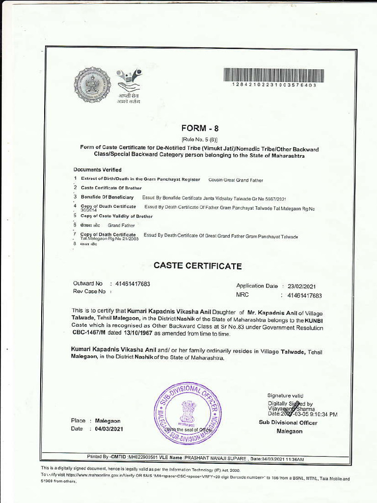 Caste Certificate Information | PDF