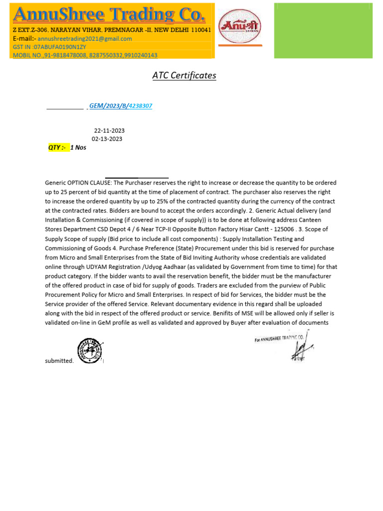 ATC Certificate | PDF