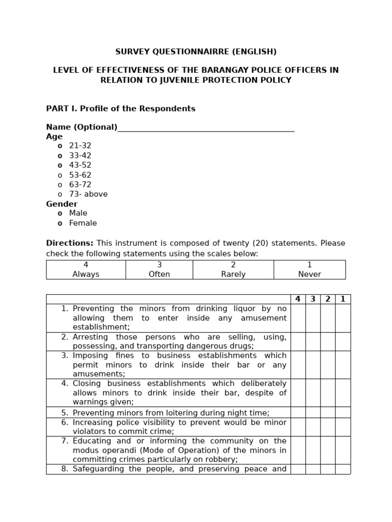 Survey Questionnaire With Source - Level of Effectiveness of The ...