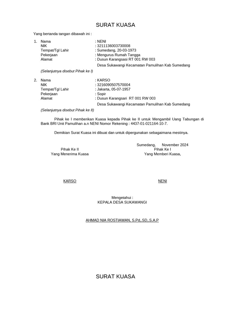 Surat Kuasa Neni Karso | PDF