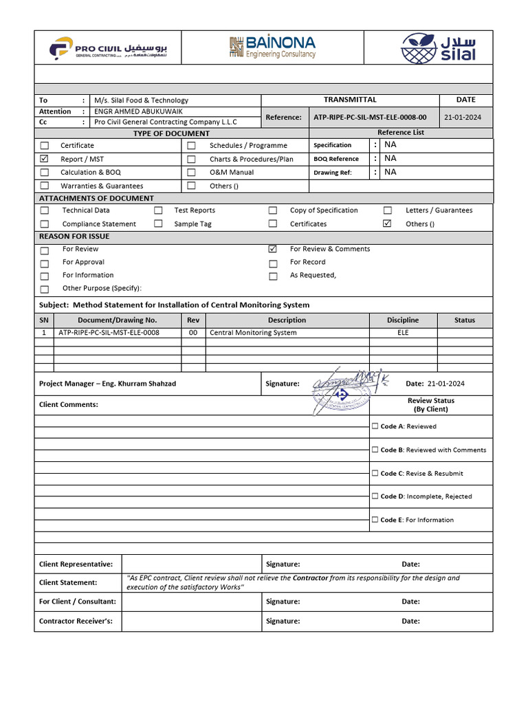 ATP-RIPE-PC-SIL-MST-ELE-0008-00 Method Statement For Installation of Central Monitoring System ...