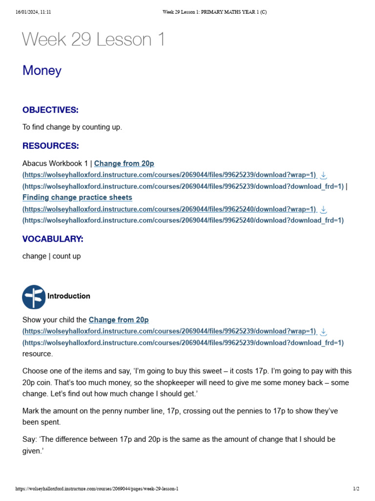 Week 29 Lesson 1 - Primary Maths Year 1 (C) | PDF | Currency