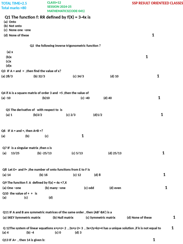 Sample Paper Set 1 Math | PDF | Matrix (Mathematics) | Function (Mathematics)