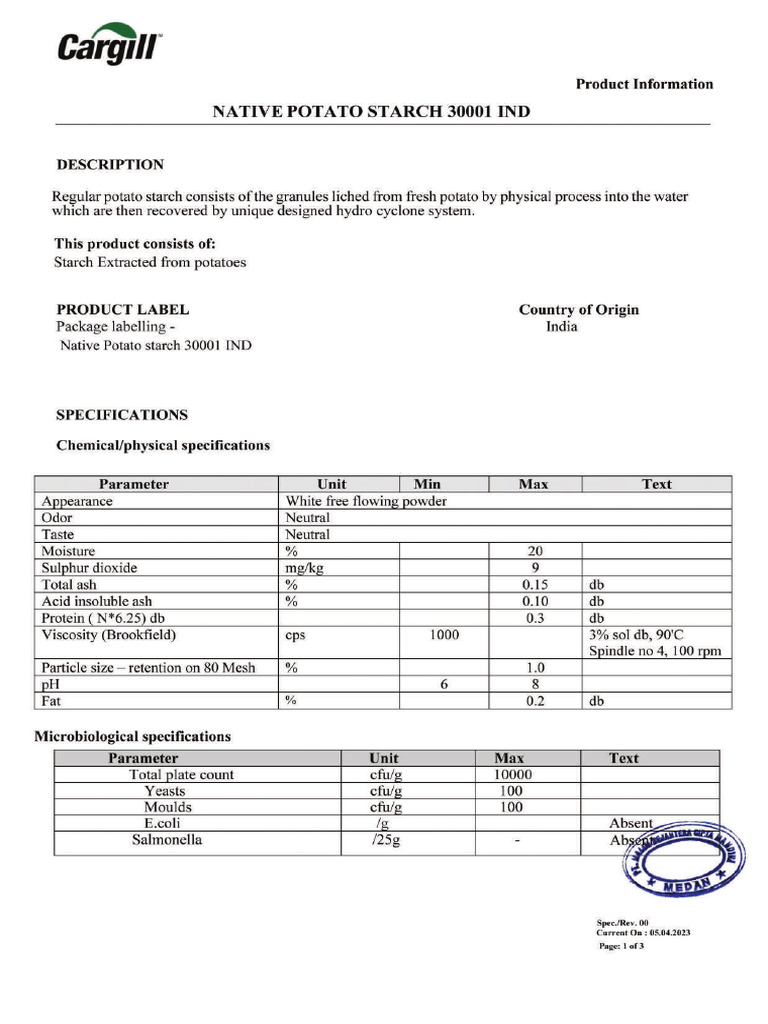 Potato Starch 30001 - Specification | PDF