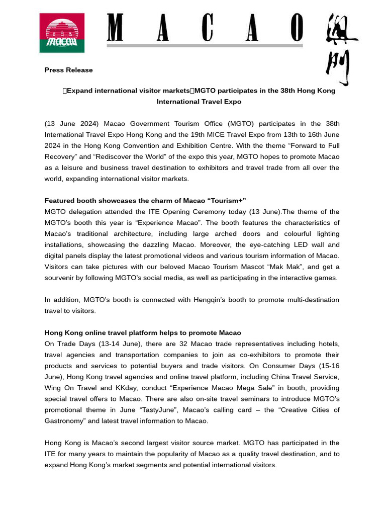 ITE Press Release English v2 | PDF | Macau