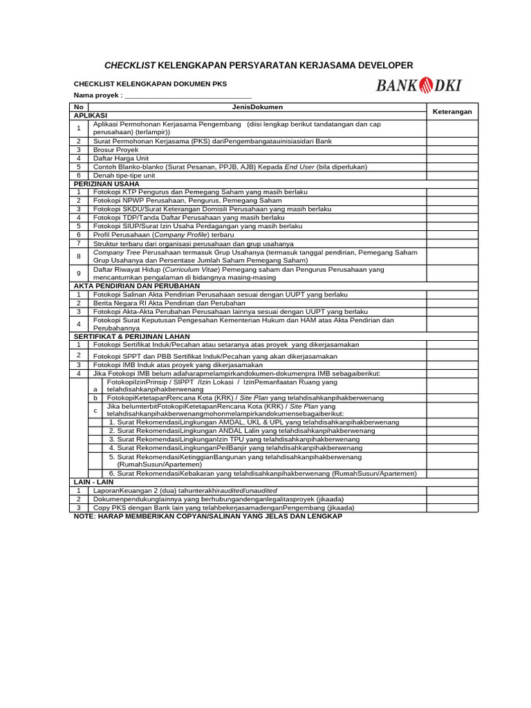 Checklist kelengkapan persyaratan kerjasama Developer | PDF