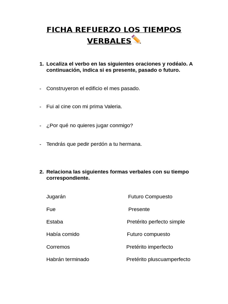 Ficha Refuerzo Los Tiempos Verbales | PDF