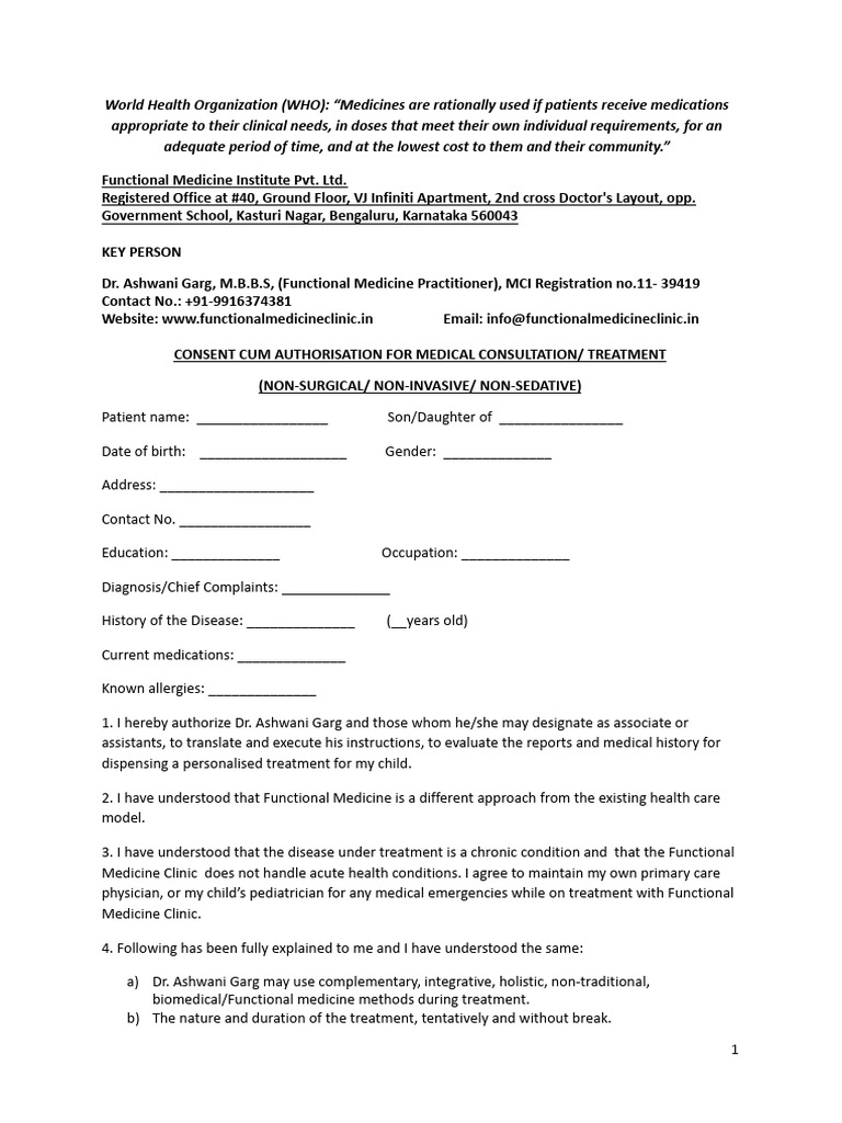 Consent Form for Functional Medicine Treatment | PDF | Medicine | Physician