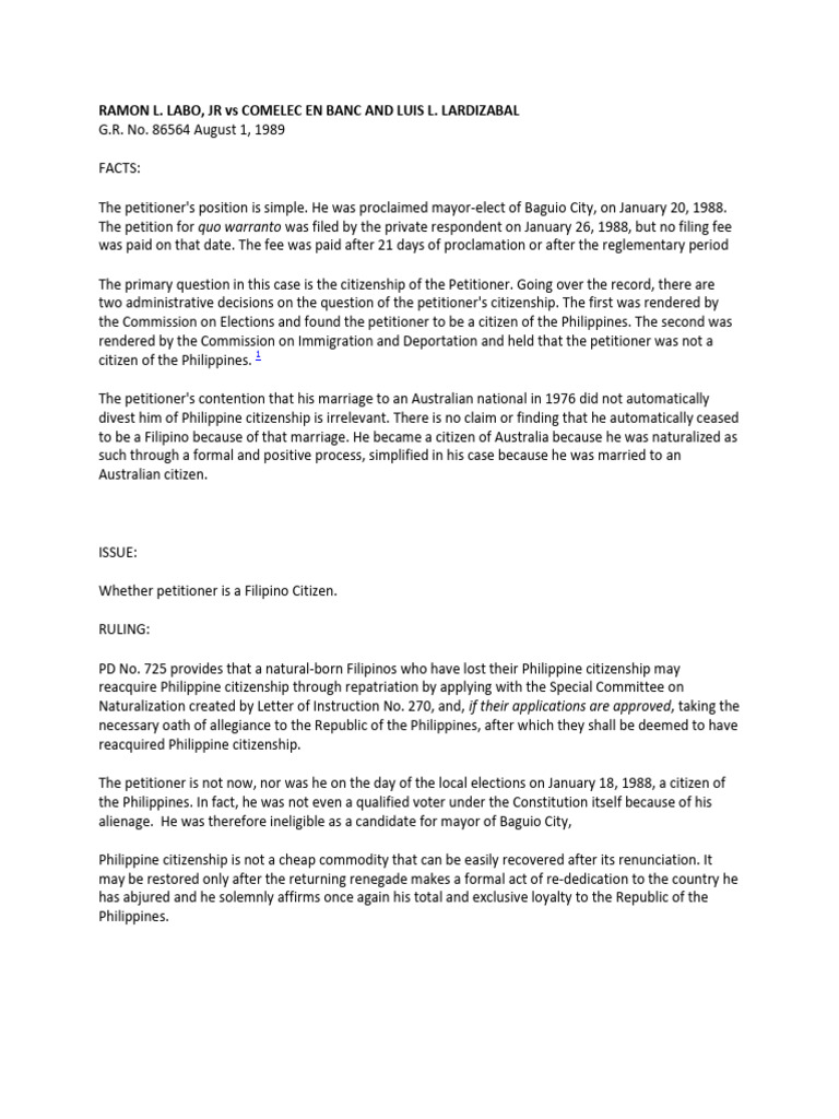 RAMON L. LABO, JR vs COMELEC EN BANC AND LUIS L. LARDIZABAL | PDF