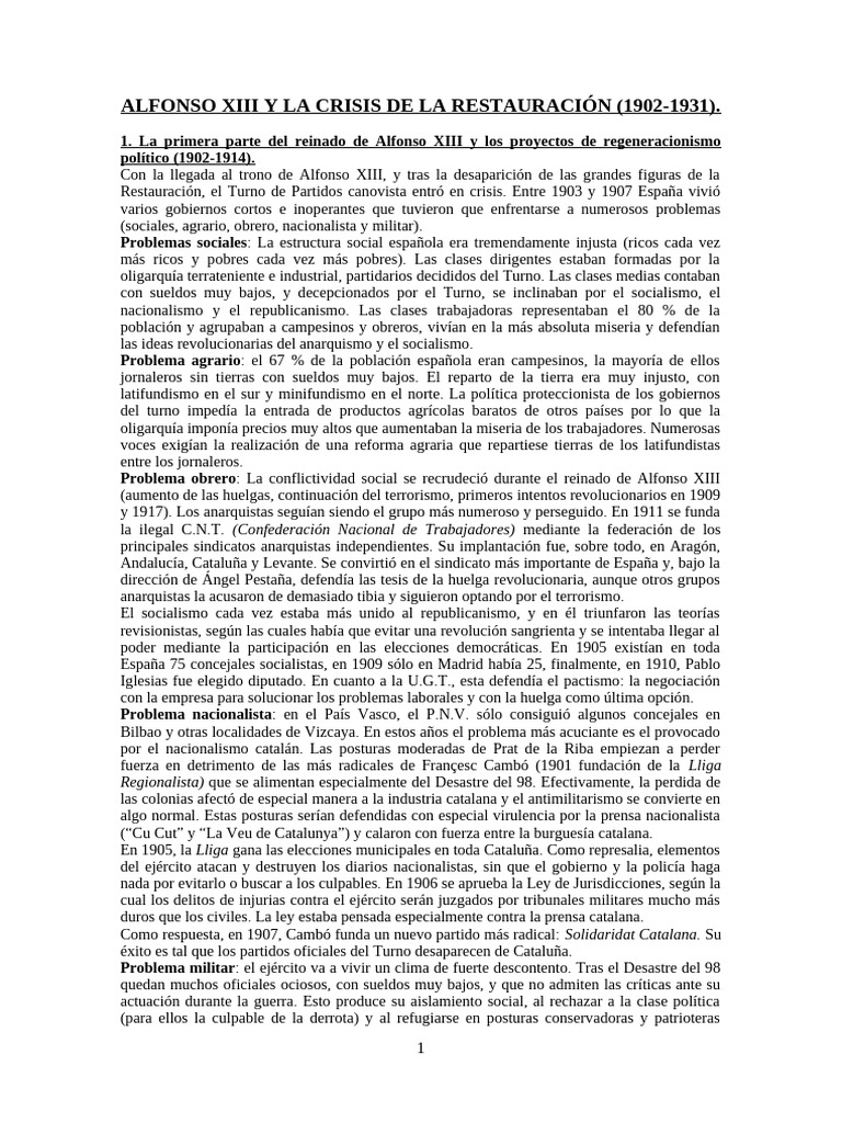 Bloque 7. Alfonso XIII y La Crisis de La Restauración | PDF | España ...