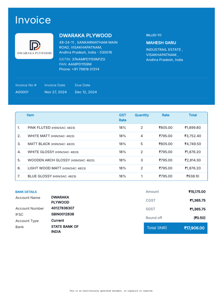 Invoice A00001 Dwaraka Plywood Mahesh Garu | PDF | Narendra Modi | Bharatiya Janata Party