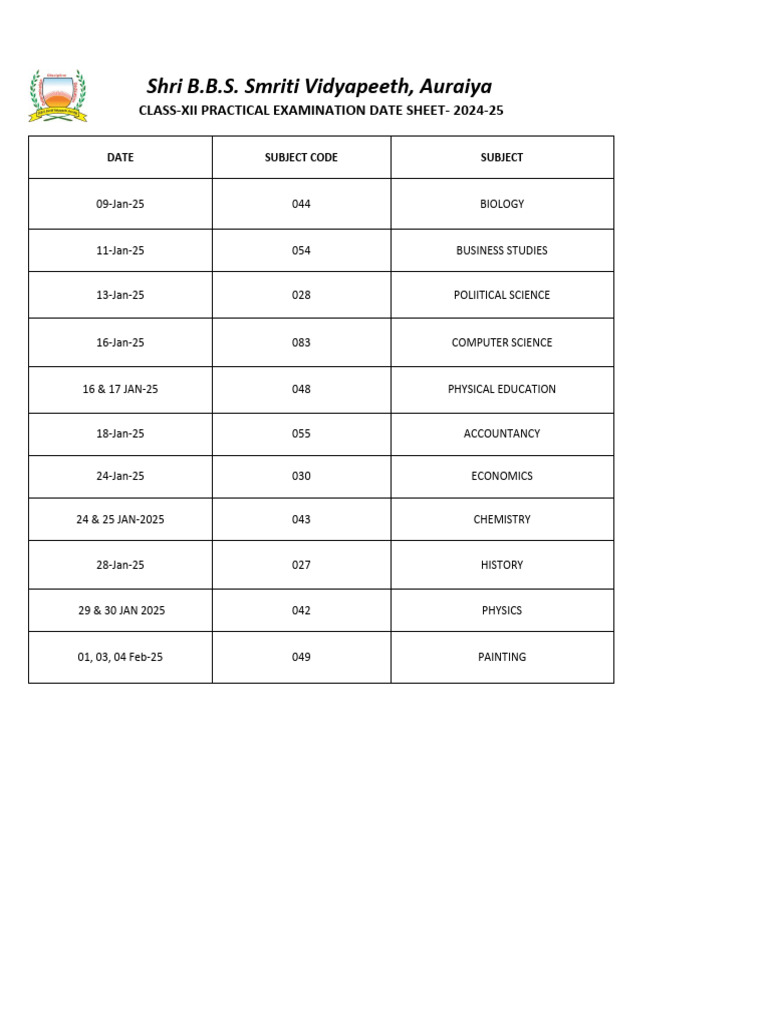 Class 12 Practical Date Sheet 2025 | PDF