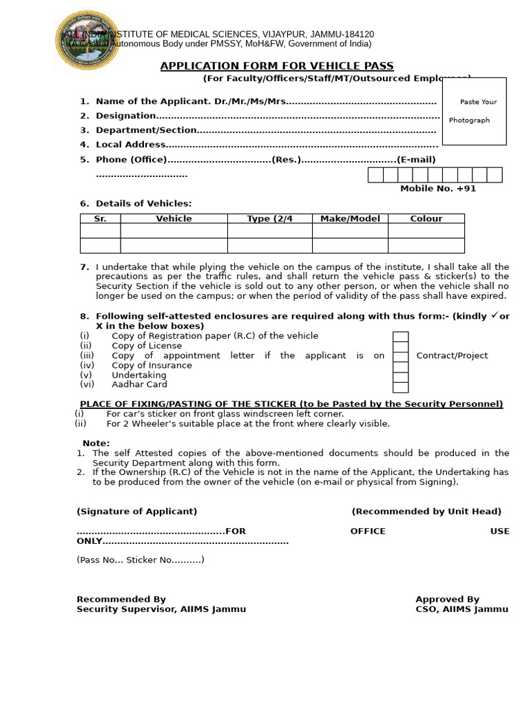 AIIMS Jammu Vehicle Pass Application | PDF
