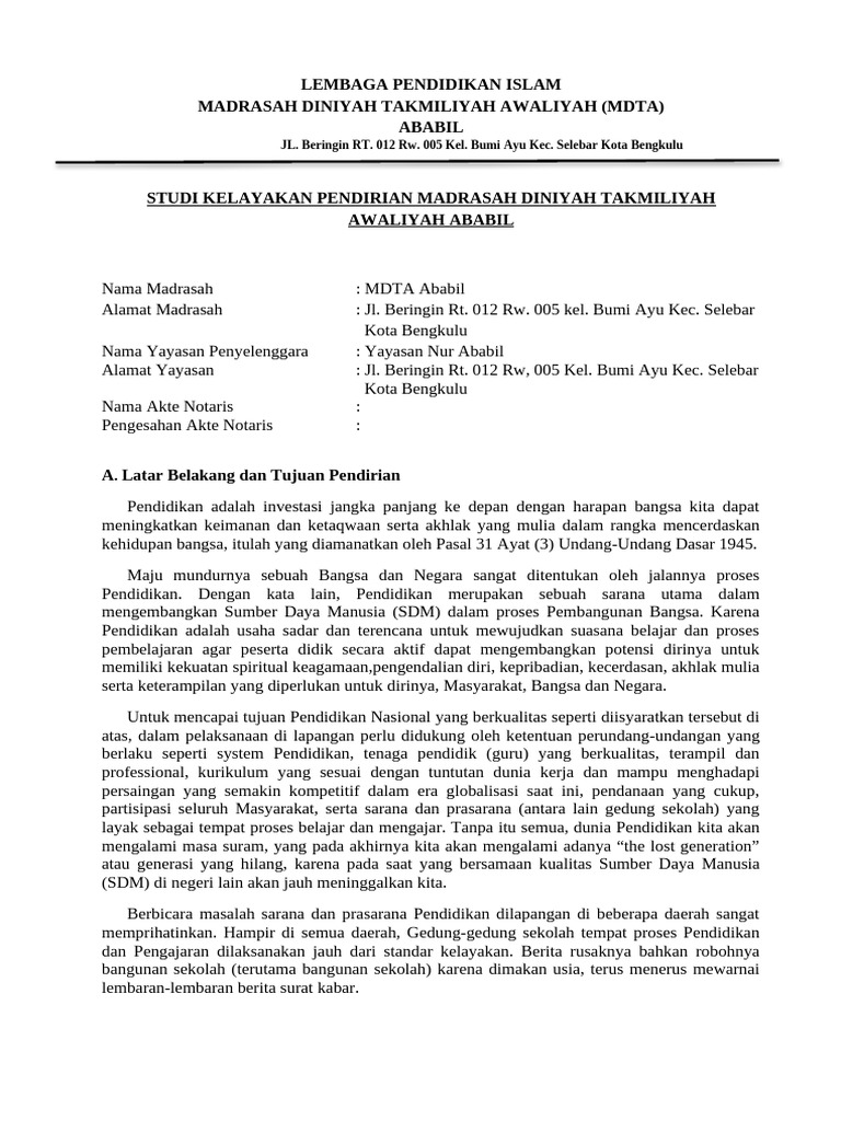 Studi Kelayakan Pendirian Mdta | PDF