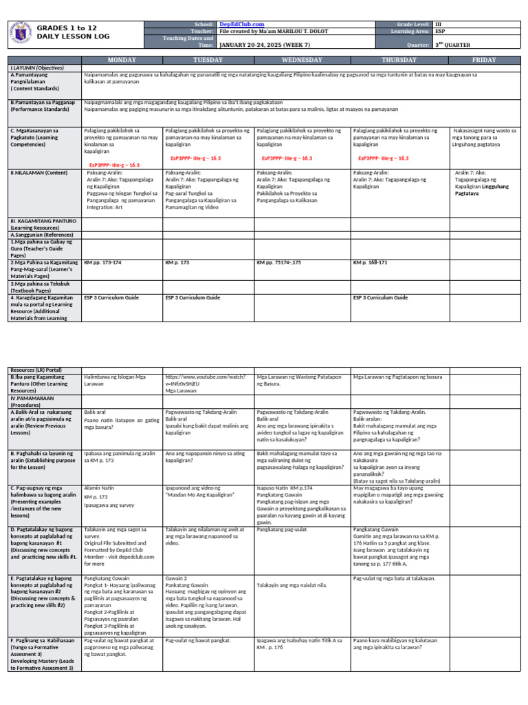 DLL - Esp 3 - Q3 - W7 | PDF