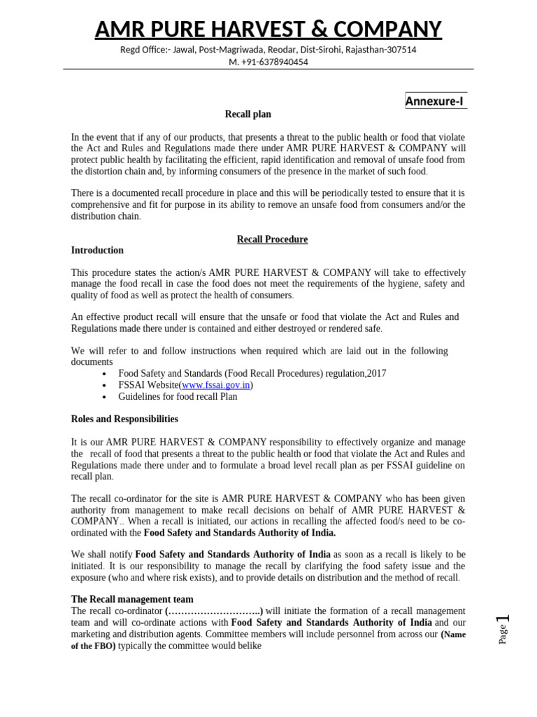 Recall Plan | PDF | Food Safety | Safety